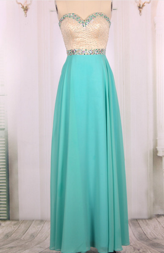 A Line Sweetheart Beaded Chiffon Long Turquoise Prom Dresses Gowns ...