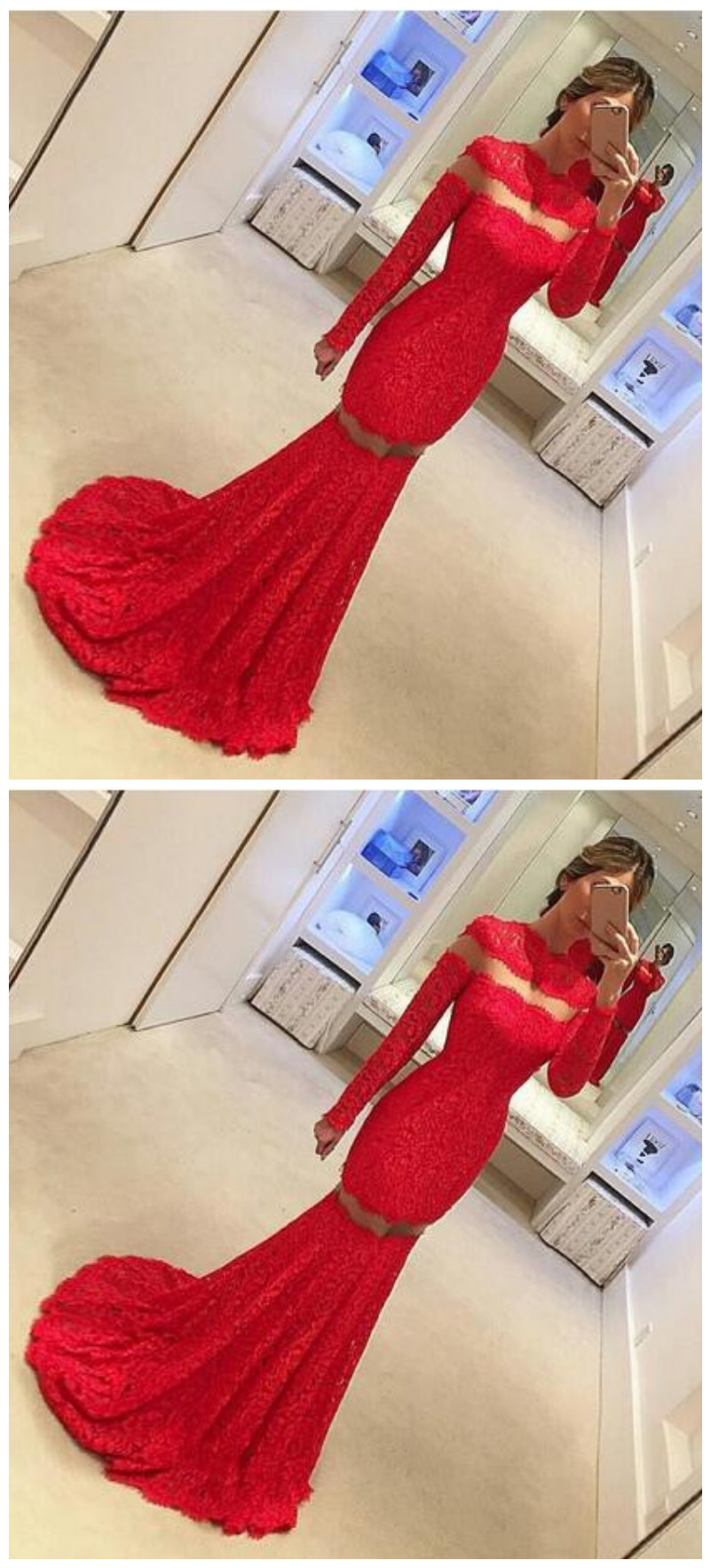 High Neck Red Prom Dresses Long Sleeve See-though Lace Mermaid Evening ...