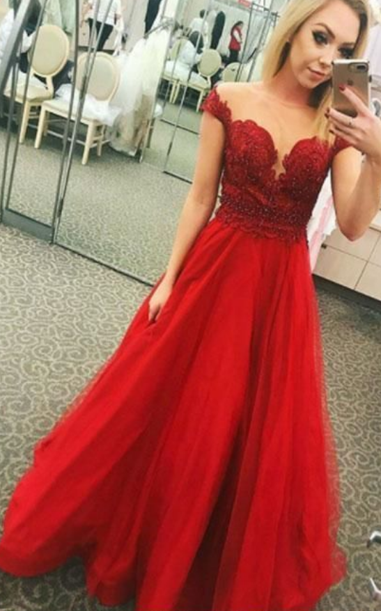 A-line Off-the-shoulder Floor-length Red Prom Dress With Appliques ...