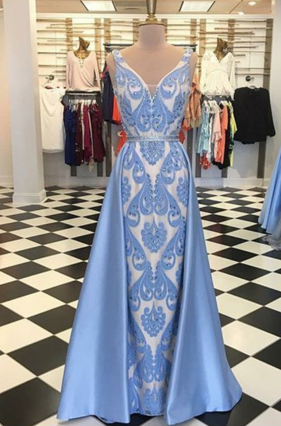 A-line V-neck Floor-length Light Blue Beaded Prom Dress on Luulla