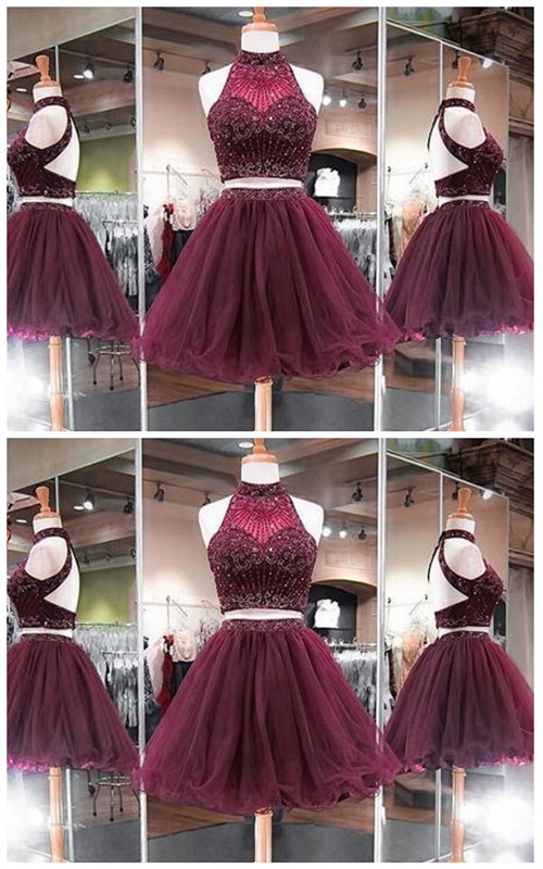 2 Pieces Beaded Homecoming Dress Short A-line Two Piece Graduation ...