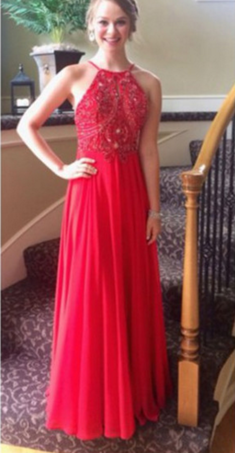 Halter Neck Prom Dress, Beaded Prom Dress, Red Prom Dress, A-line ...