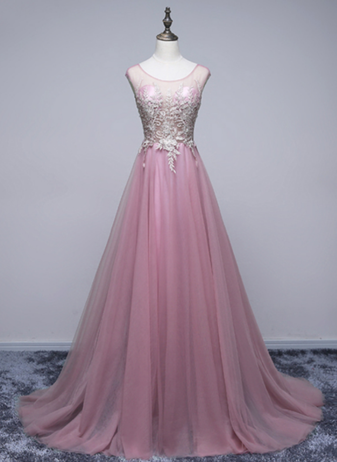 Unique Pink Tulle Prom Dresses, Scoop Neck, Long Formal Prom Dress ...