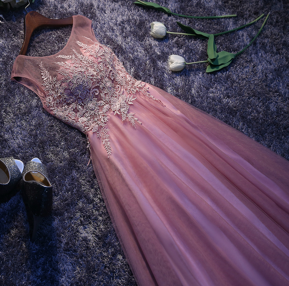 Unique Pink Tulle Prom Dresses, Scoop Neck, Long Formal Prom Dress ...