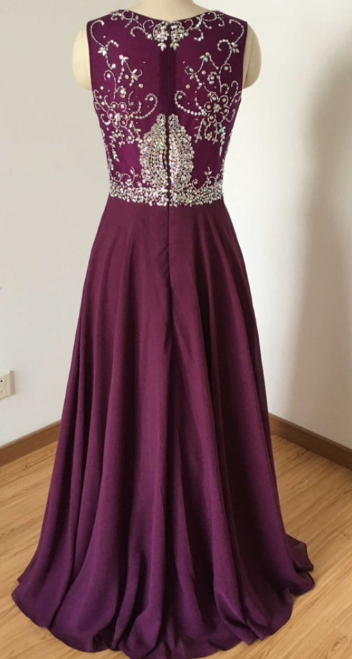Beaded Grape Chiffon Long Prom Dress on Luulla