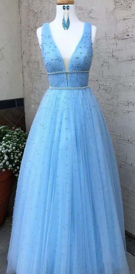 V Neck Beaded Long Prom Dresses Pearls Tulle Cute Prom Dress on Luulla