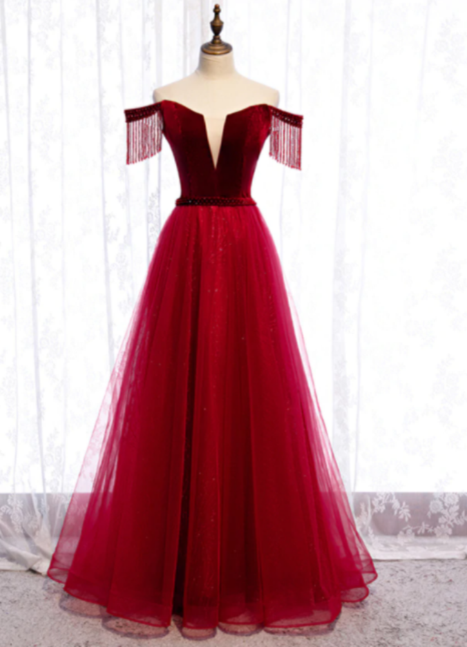 Tassel Sleeves Off The Shoulder Tulle Burgundy Floor Length Lace Up ...
