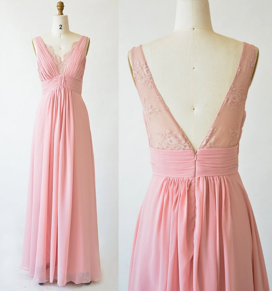 Bridesmaid Dress Long Chiffon Prom Dress, Lace Back With Chiffon Skirt ...