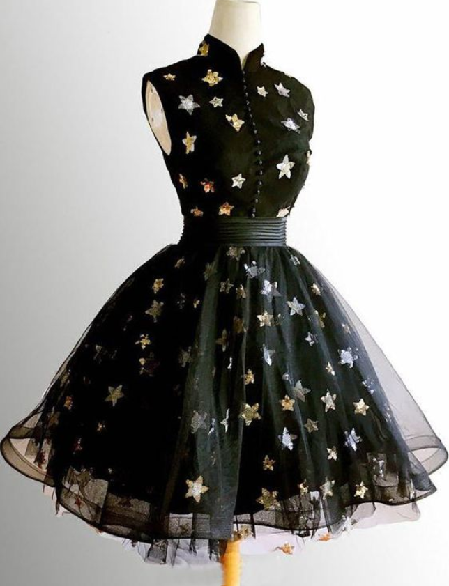 Chic A-line High Neck Homecoming Dresses Black Short Prom Dress Cute ...