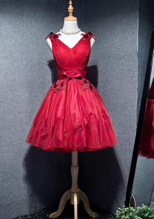 Red Tulle V-neckline Short Party Dress, Red Homecoming Dress on Luulla
