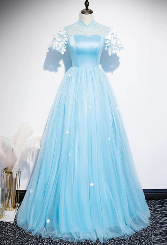 Prom Dresses,tulle Satin Short Sleeve Long Senior Prom Dress, Formal ...