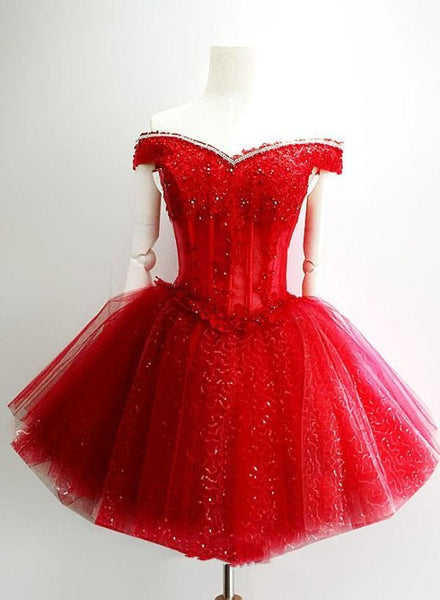 Red Sweetheart Shiny Tulle Off Shoulder Short Homecoming Dress, Red ...
