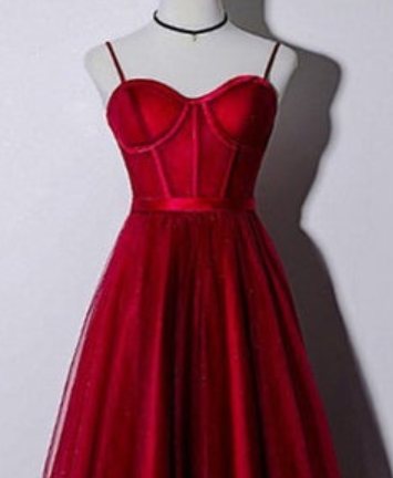 Beautiful Dark Red Tea Length Straps Wedding Party Dress, Homecoming ...