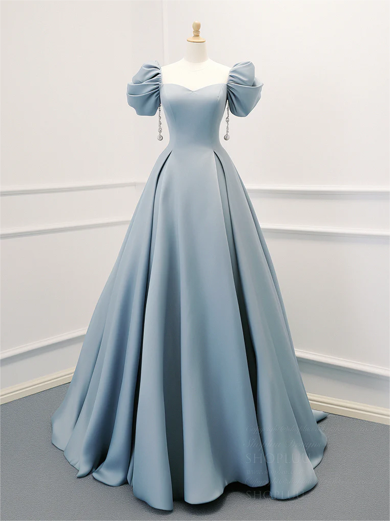Long Prom Dress , A-line Puff Sleeves Satin Blue Long Prom Dress, Blue ...