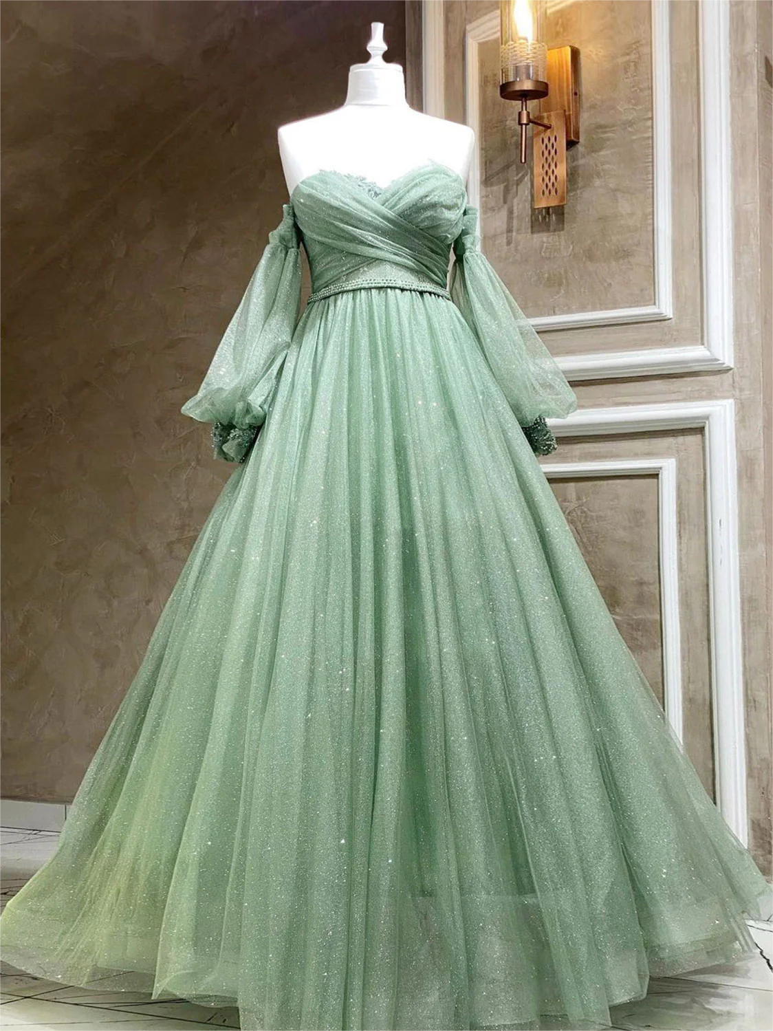 Long Prom Dress ,a-line Sweetheart Neck Tulle Green Long Prom Dress ...