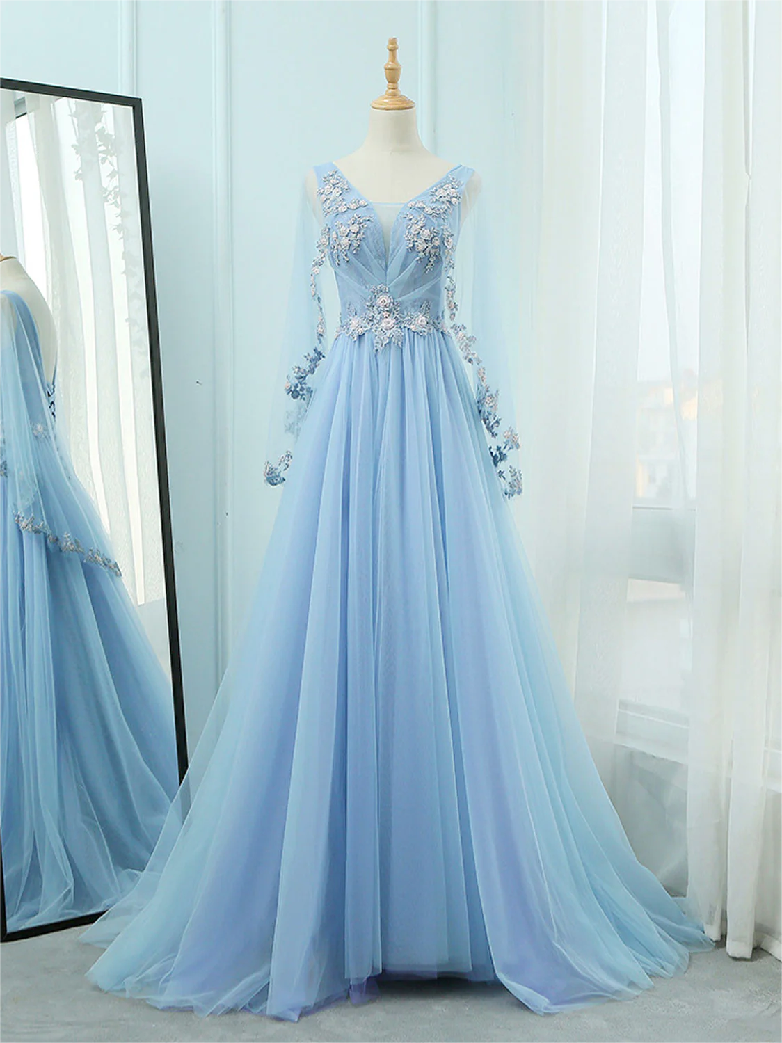Long Prom Dress ,a-line V Neck Tulle Lace Blue Long Prom Dresses, Blue ...