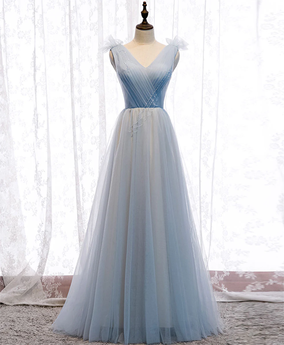 Long Prom Dress ,simple Blue V Neck Tulle Long Prom Dress, Blue Formal ...