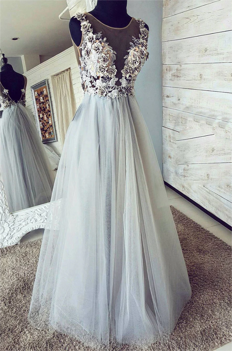 Long Prom Dress ,gray Round Neck Tulle Lace Long Prom Dress, Gray ...