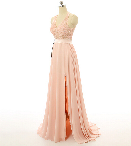 Halter Neckline Lace Slit Prom Dress,open Back Party Dress,keyhole Back ...