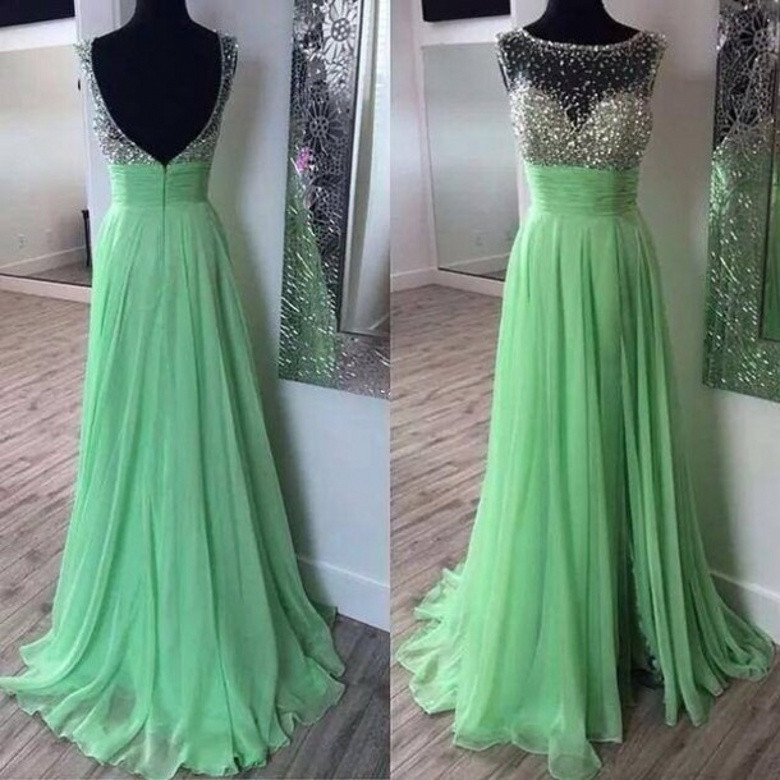 Full Length Green Sexy Split Prom Dress,illusion Beaded Occasion Dress ...