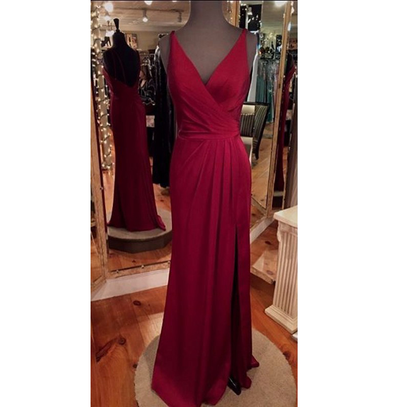 Gorgeous Wine Red V Neck Chiffon Open Back Prom Dress With Side Slit ...