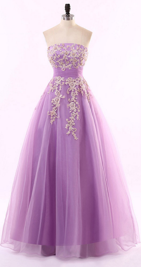 Long Lavender Tulle Prom Dresses, Strapless Prom Dress With Lace ...