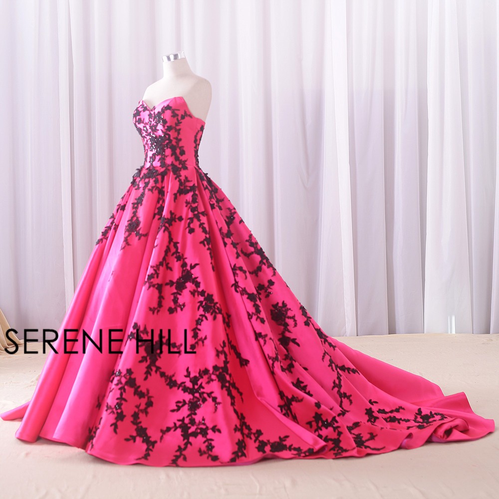 Long Train Wedding Dress Rose Red Color Appliques Taffeta Off The ...