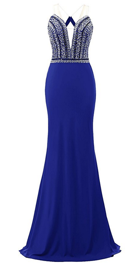 V-neck Beadings Open Back Long Mermaid Evening Party Prom Dress on Luulla